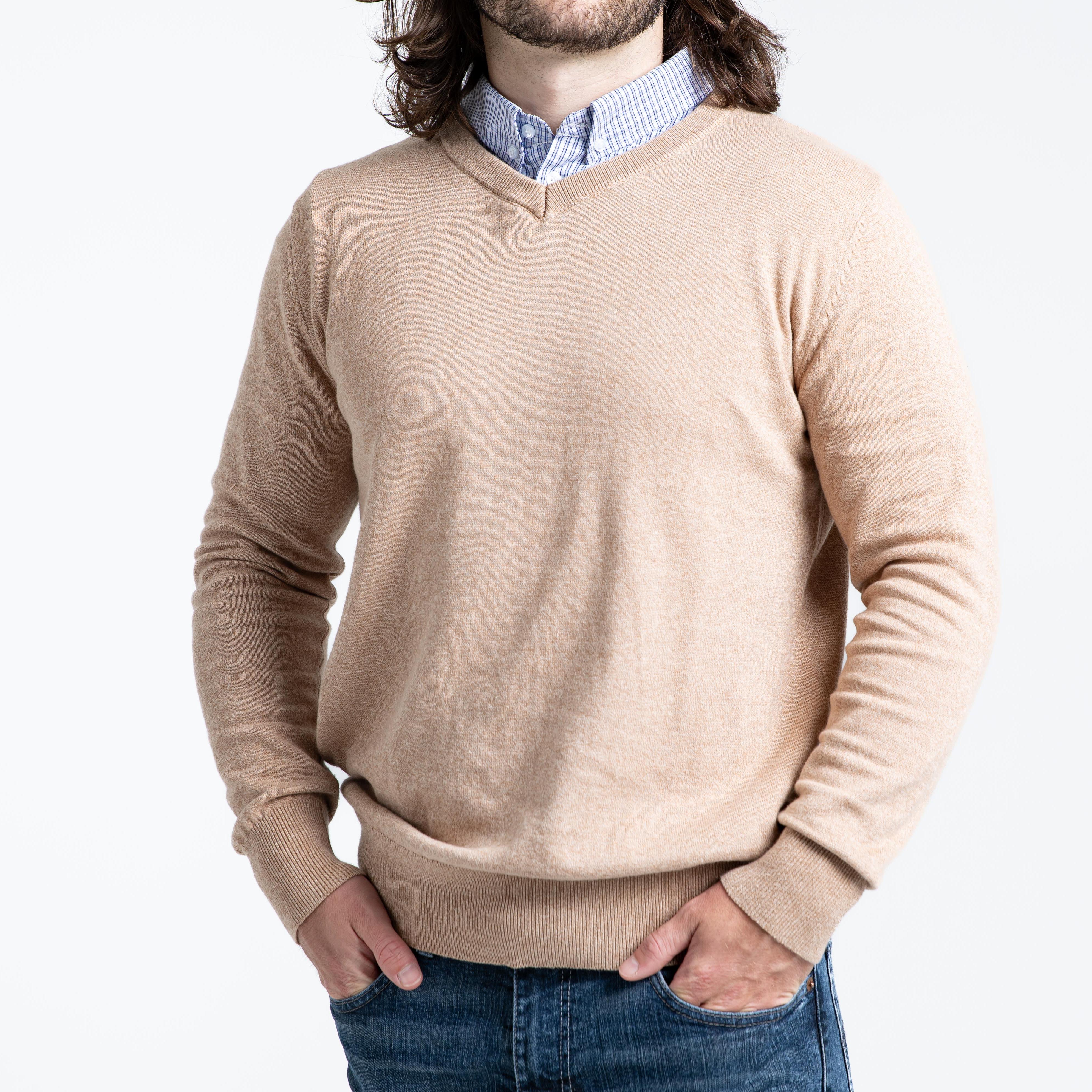 Men’s Oatmeal Sweater with Blue Check Collared Shirt – Flying Point Apparel